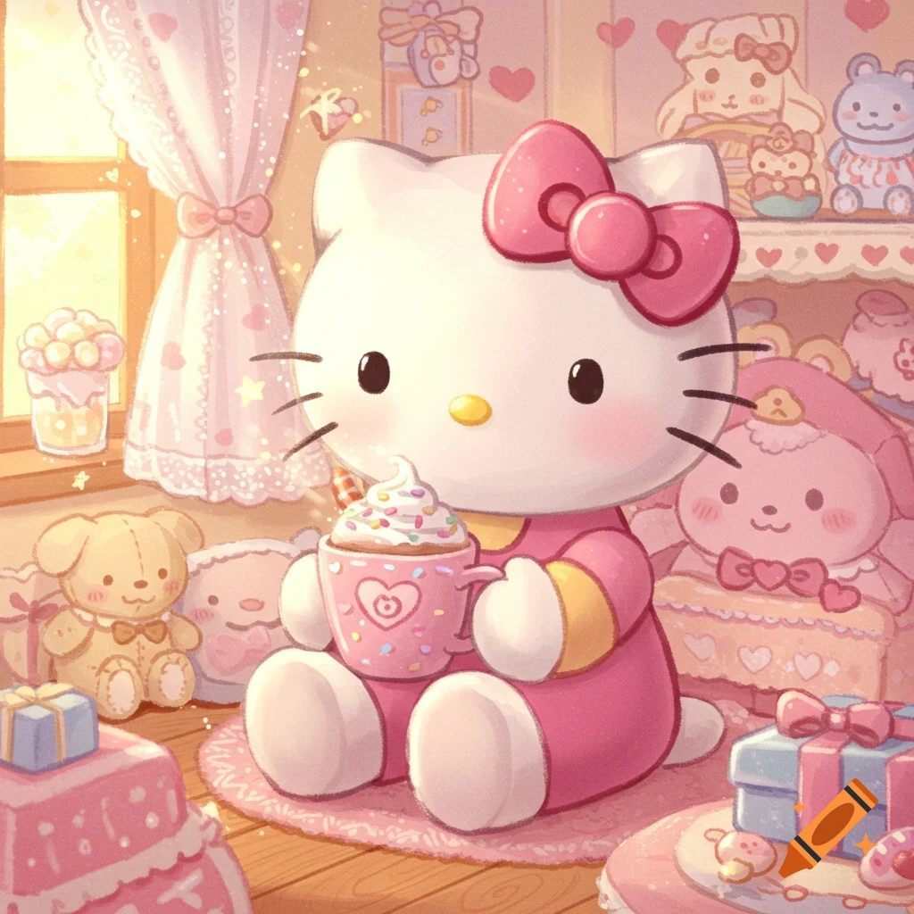 Hello Kitty sits on a toilet in a pink and blue cartoon bathroom with ...