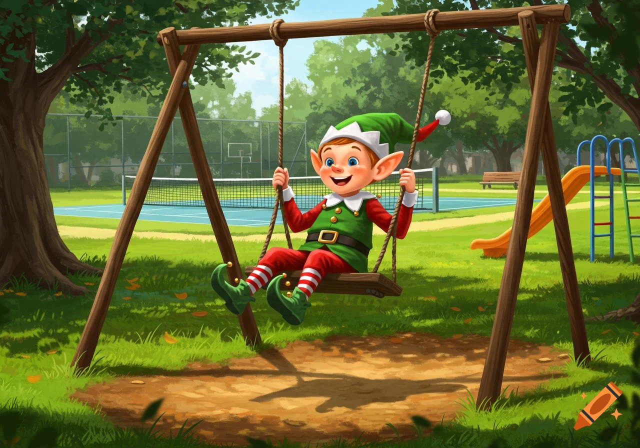 A cheerful Christmas elf swings in a sunny grassy playground with a ...