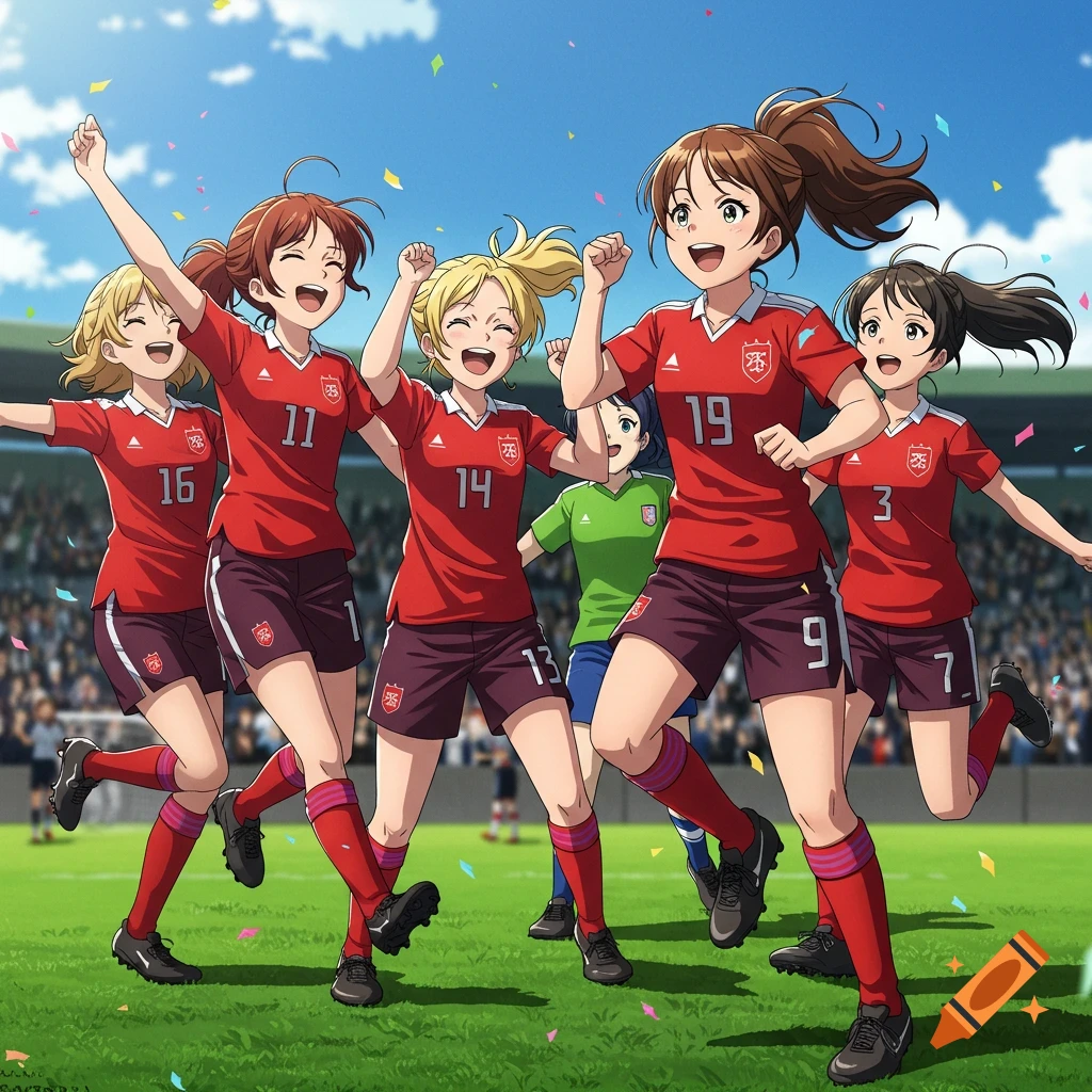 Animated girls' football team in red kits celebrating a goal on a green ...