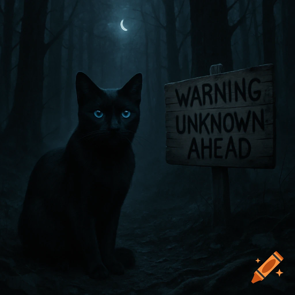 A black cat with blue eyes sits in a dark, spooky forest beside a ...