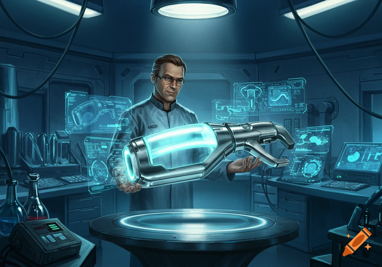 A male scientist in a futuristic lab holds a glowing energy device ...