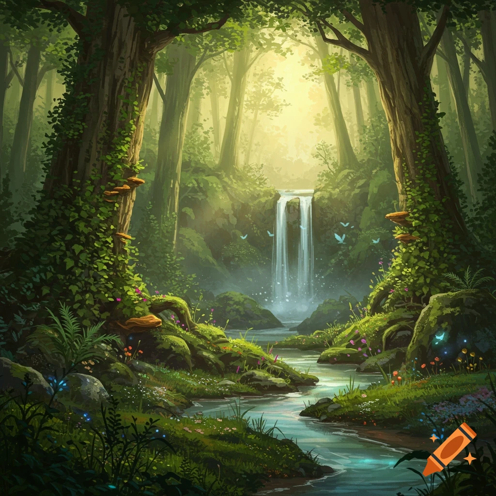 An enchanted forest at night with glowing lanterns hanging from trees ...