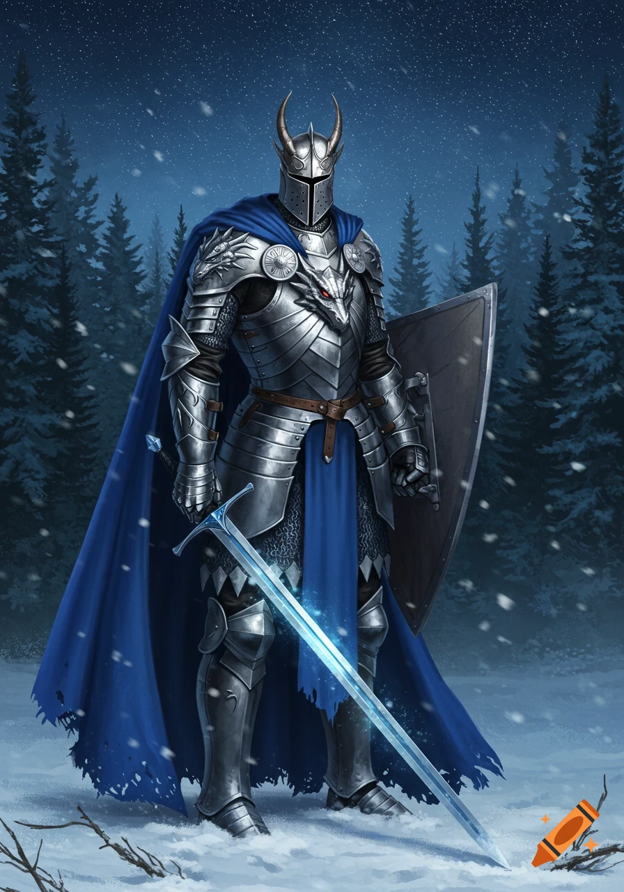 An undead winter knight in ornate icy armor, holding a glowing blue ...