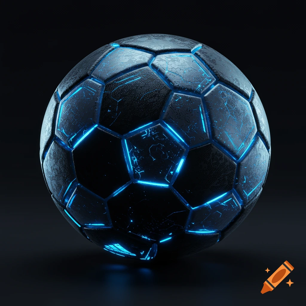 A futuristic black and silver soccer ball with glowing electric blue ...