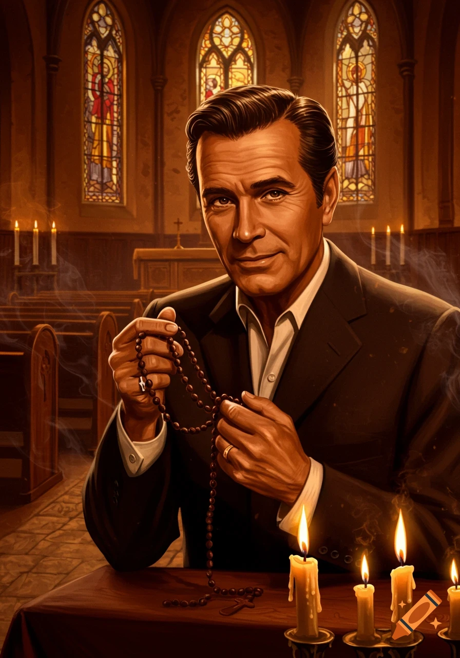 A man holding rosary beads and praying in a church, with stained glass ...