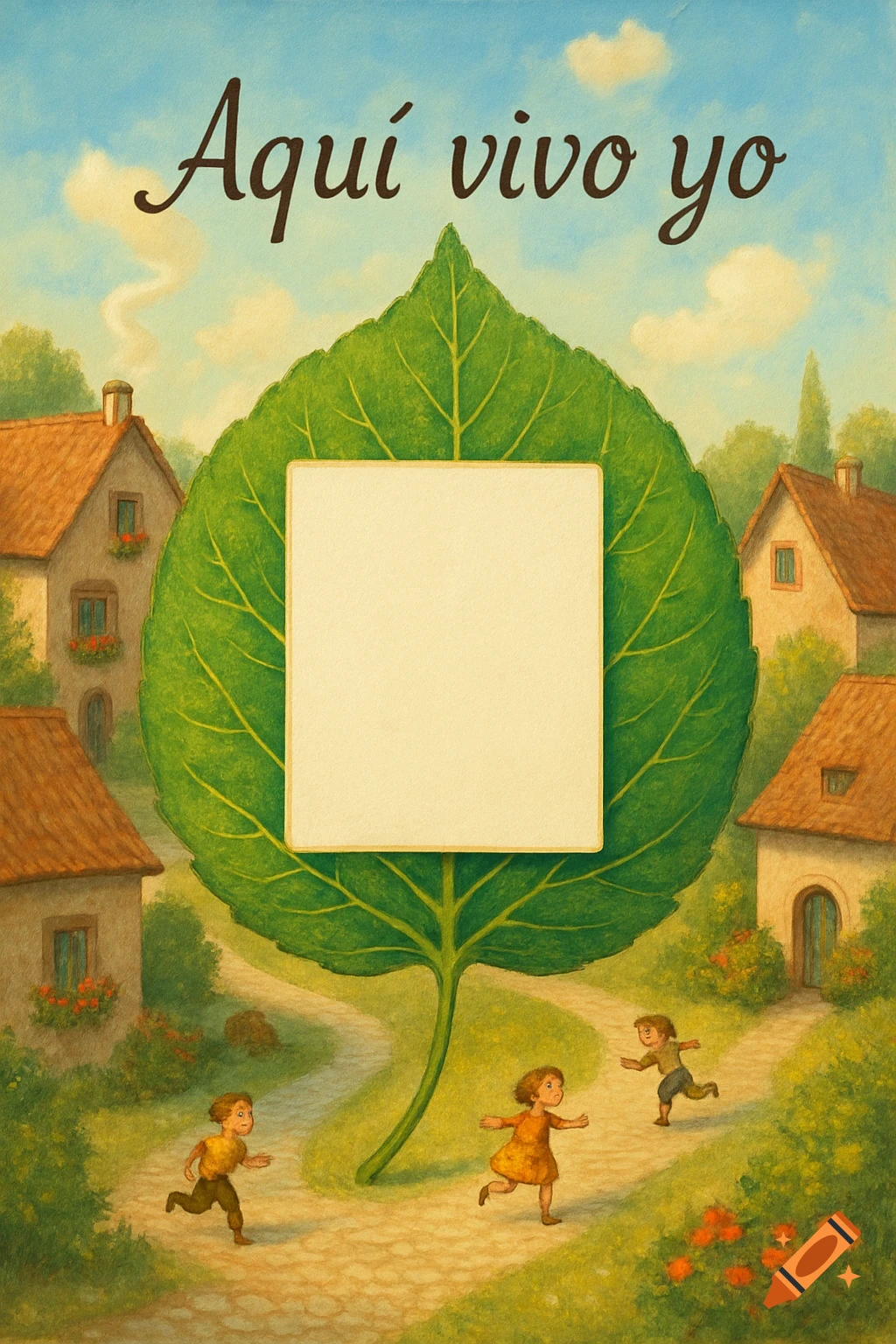 Painterly illustration of a village with children playing around a ...