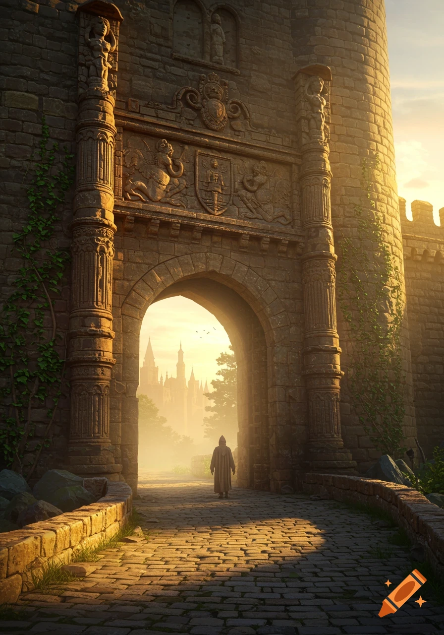 A lone cloaked figure walks through a grand stone castle gate bathed in ...