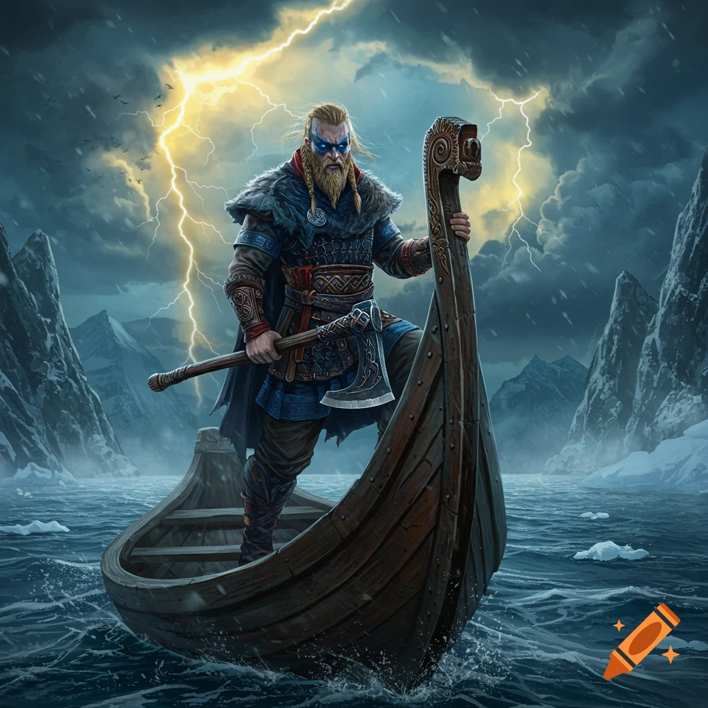 A powerful Viking warrior with an axe stands in a longboat on a stormy ...