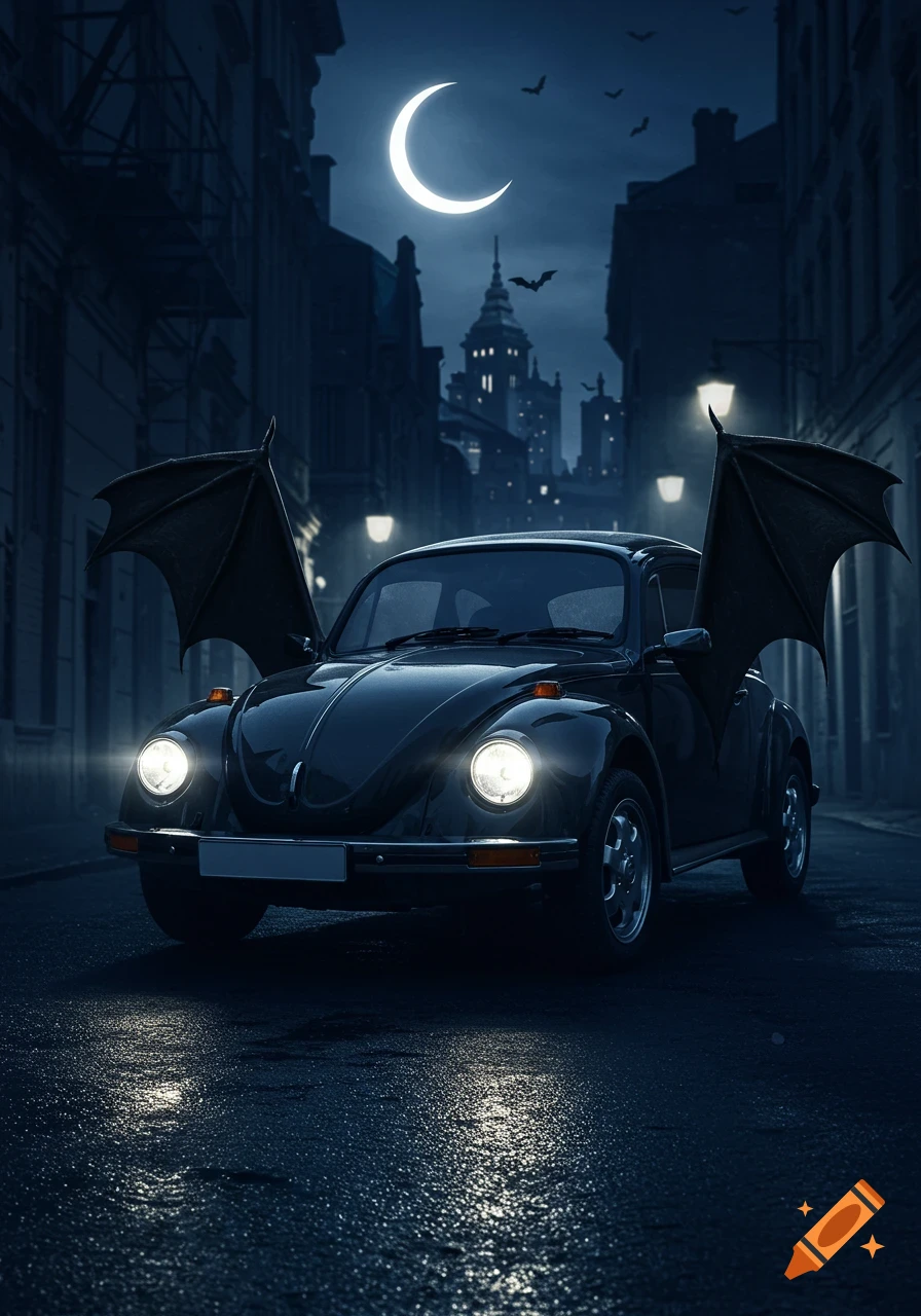 A dark Volkswagen Beetle with large bat wings parked on a wet city ...