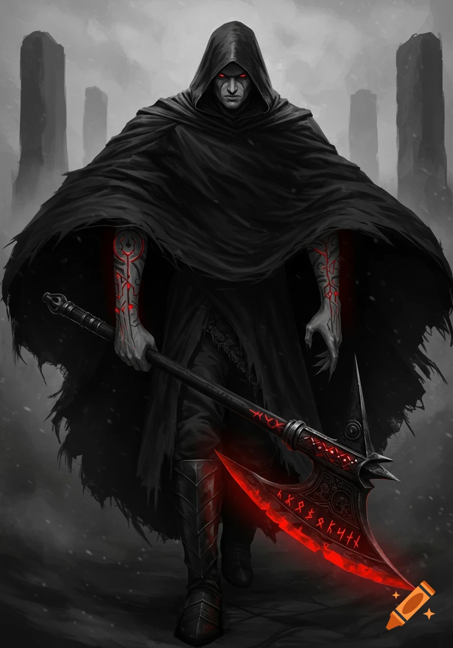 A menacing fantasy figure in a dark hooded cloak, with glowing red eyes ...