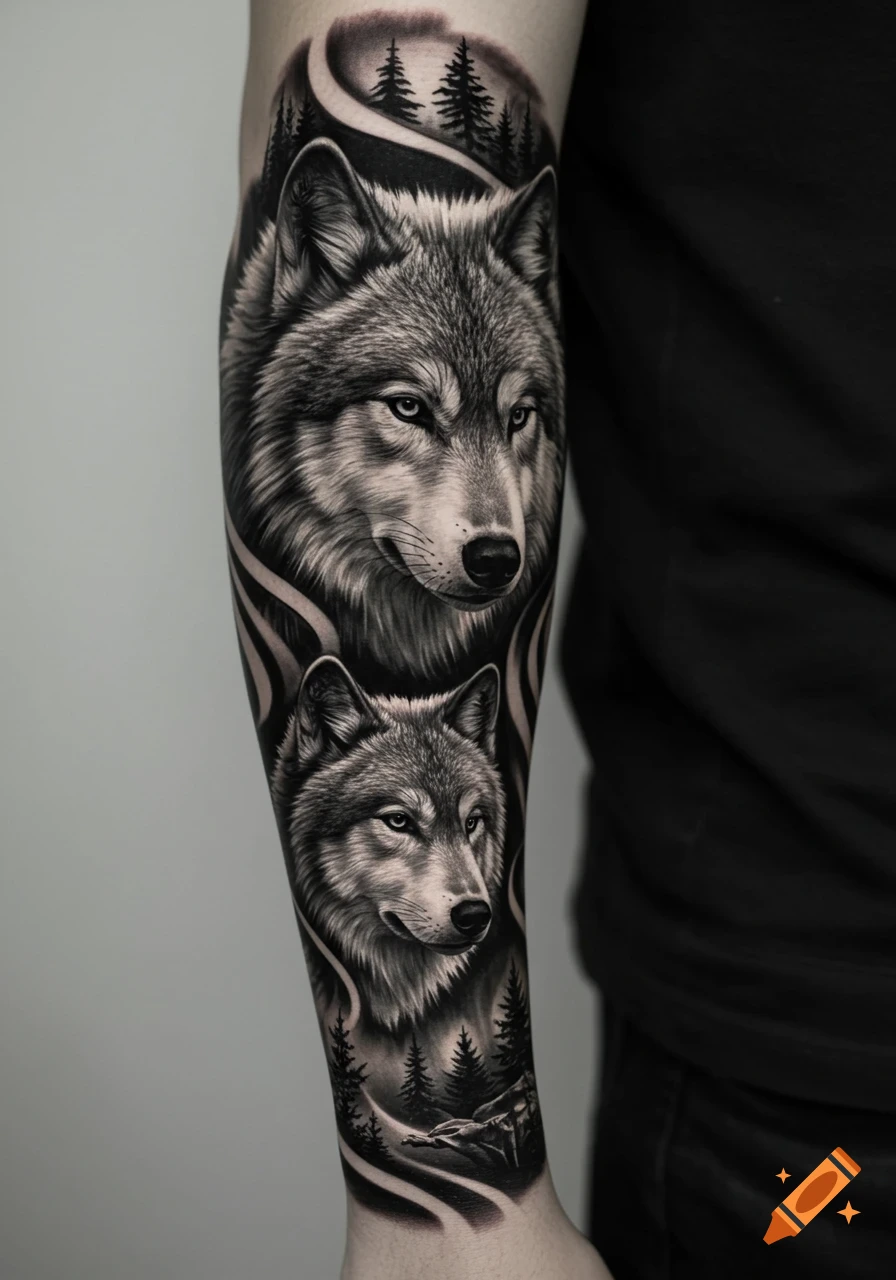 A black and grey realism tattoo of two wolves and a forest scene on a ...