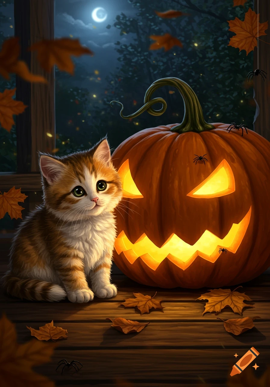 A black cat with green eyes sits on a glowing jack-o'-lantern ...