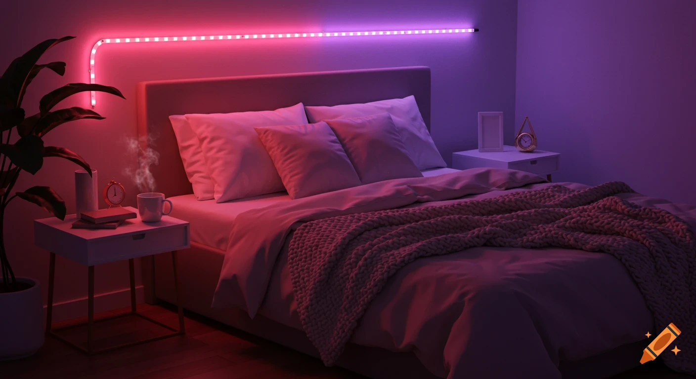 A cozy modern bedroom at night, illuminated by pink and purple LED ...