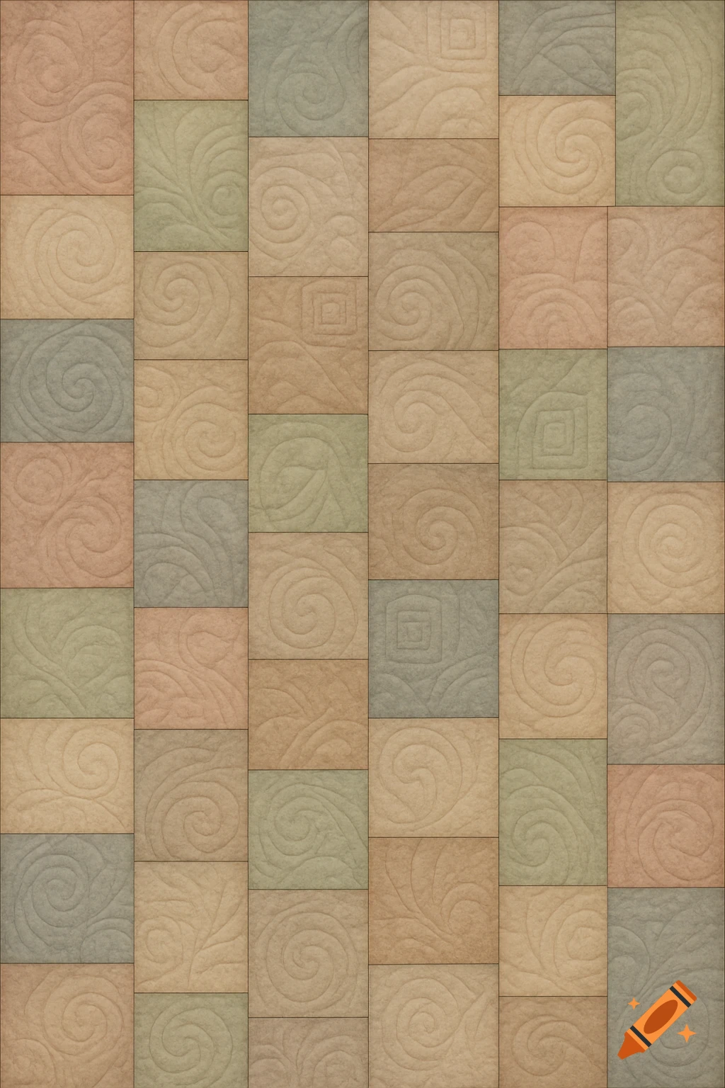 A seamless quilt pattern of rectangular and square patches in muted ...
