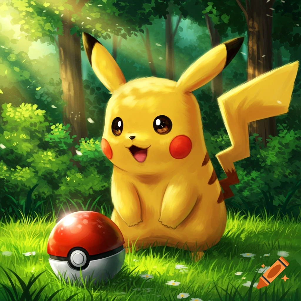 Pikachu smiling and looking at a Pok éball in a lush green forest ...