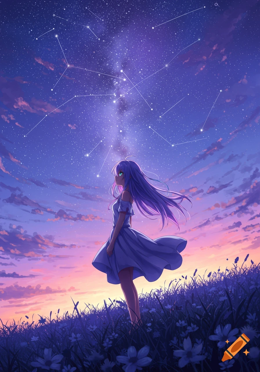 Anime girl looking up at a starry night sky with a bright full moon and ...