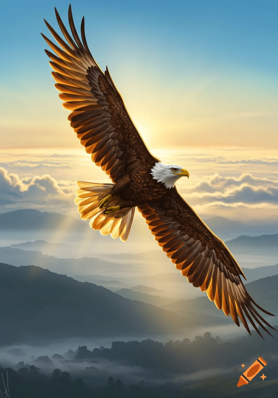 A majestic bald eagle soars with outstretched wings above misty ...