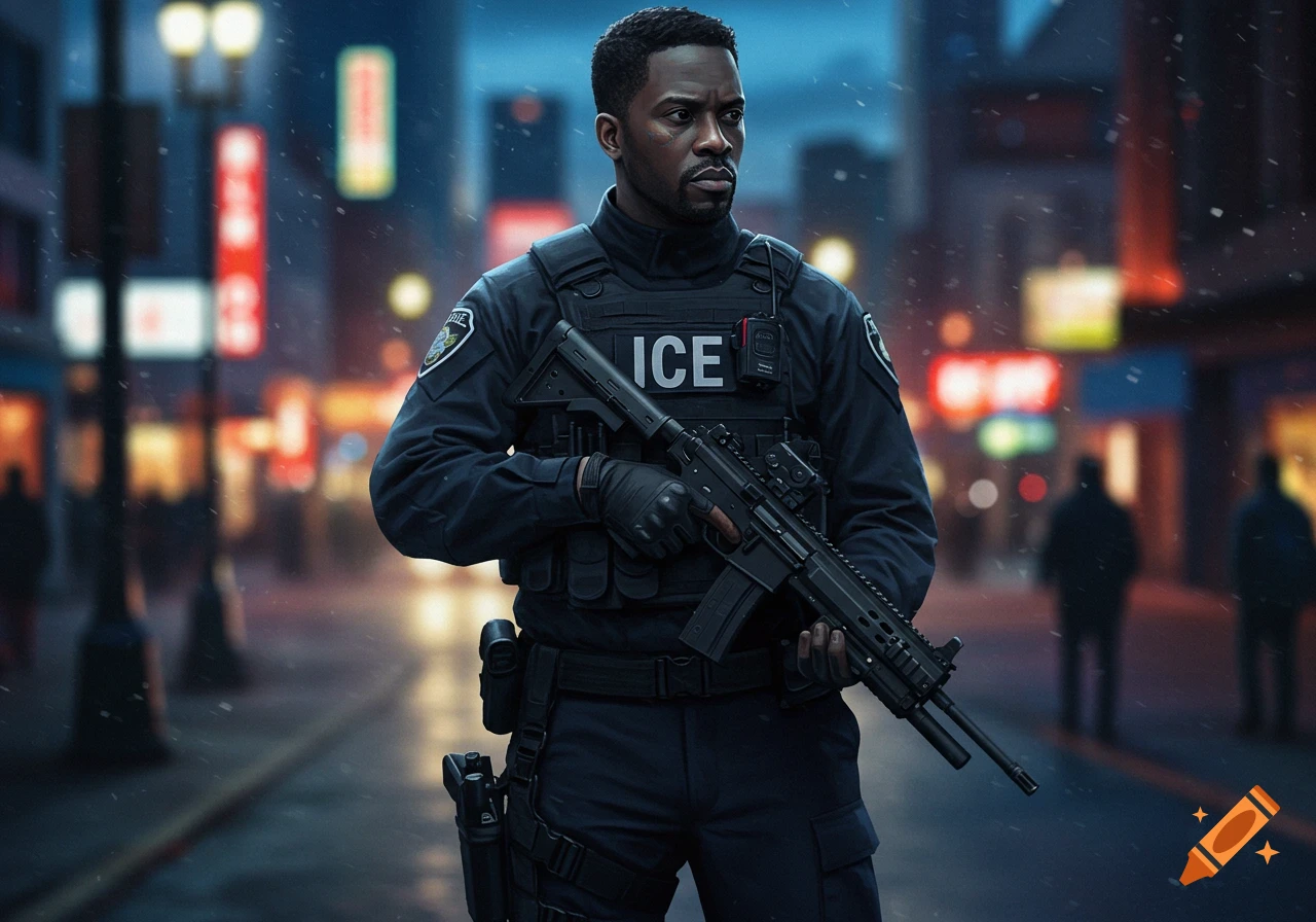 Photorealistic image of a man in a black ICE uniform with a rifle ...