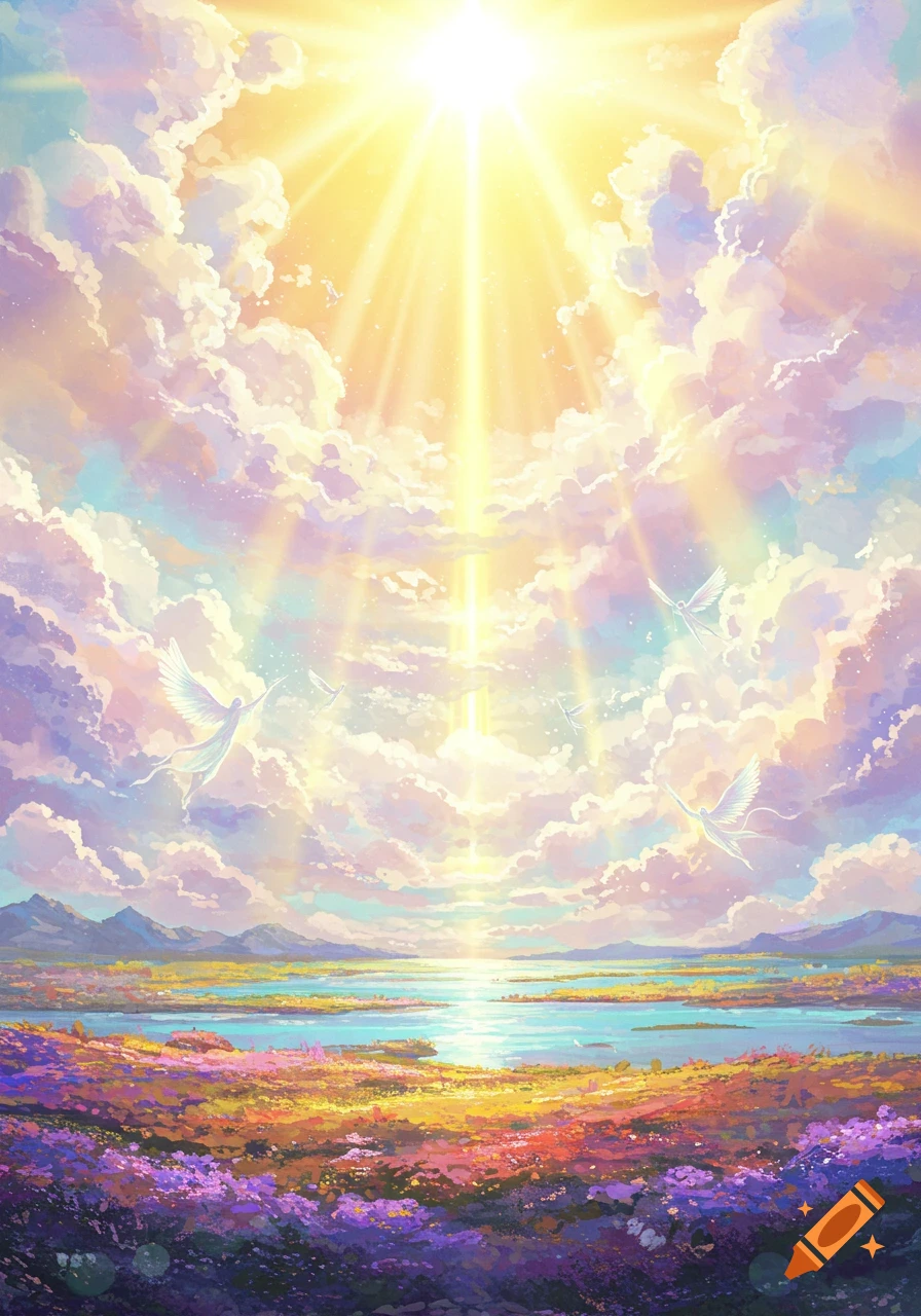 A vibrant fantasy landscape with angels flying through pastel clouds, a ...