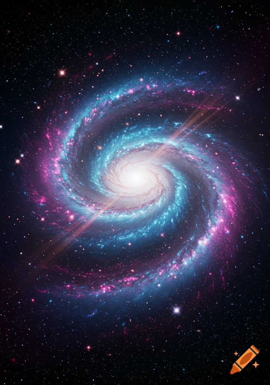 A vibrant spiral galaxy with blue, purple, and pink arms swirling ...