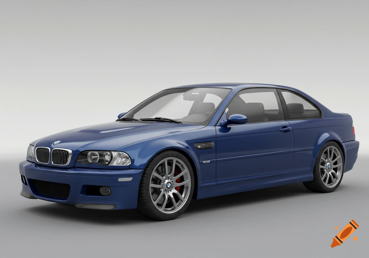 Photorealistic blue 2005 BMW M3 coupe from a three-quarter angle on a plain background. on Craiyon