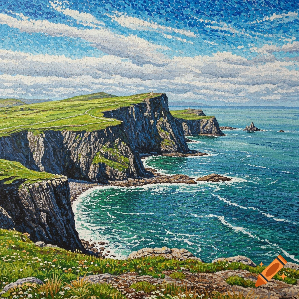 A pointillist painting of green-topped cliffs overlooking a turquoise ...