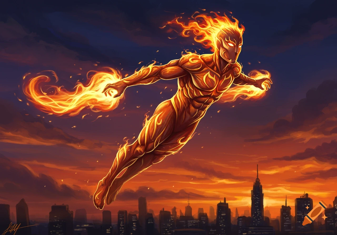 A fiery superhero with glowing eyes flies dynamically over a city ...