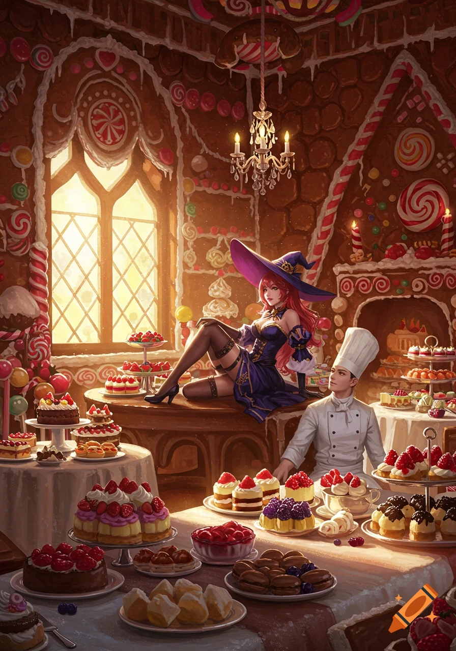 A fantasy digital painting of a witch reclining on a dessert table ...