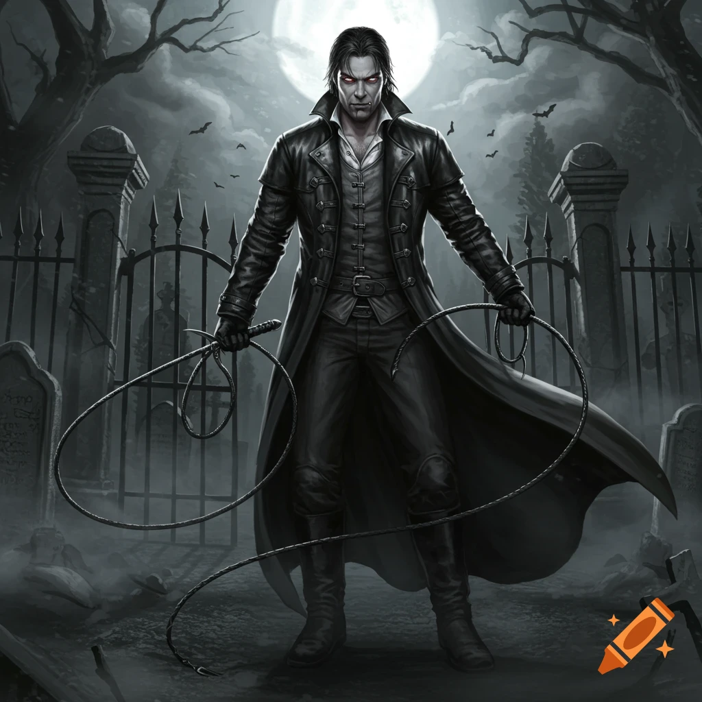 A dark-haired vampire hunter with glowing red eyes stands in a misty ...