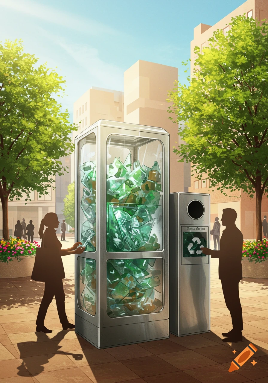 Illustration of people using glass recycling bins on a sunny city ...