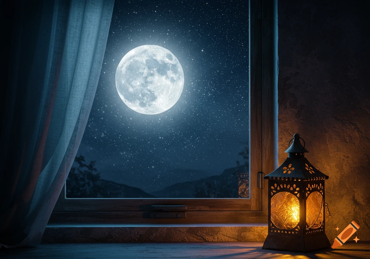 A glowing ornate lantern sits by a window at night, illuminating the ...