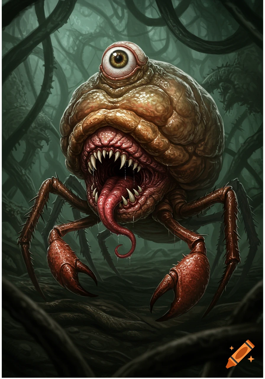 Renaissance-style painting of Lovecraftian monsters chasing SpongeBob ...