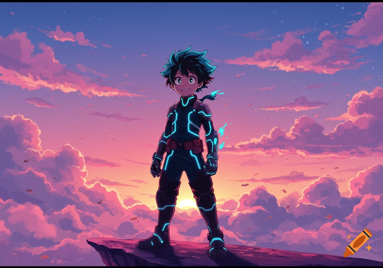 Monkey D. Luffy with stretched arms stands on a road with light trails ...