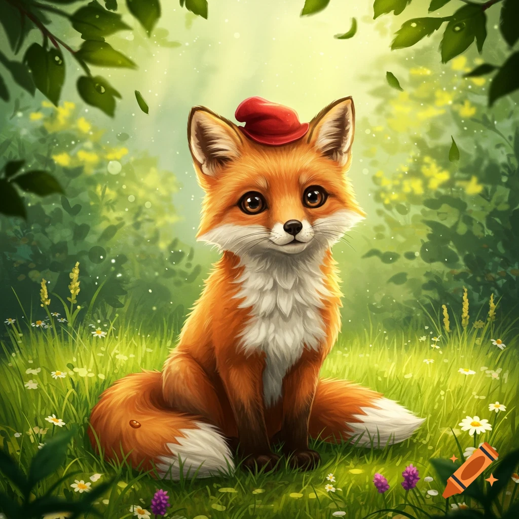 A cute, illustrated fox wearing a red hat sits in a sunny green field ...