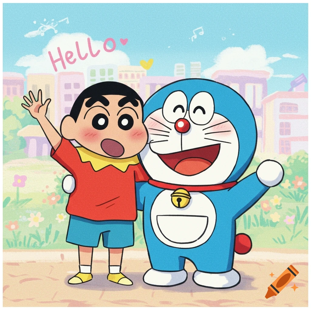 Crayon Shin-chan waving and Doraemon smiling while hugging, with "HELLO ...