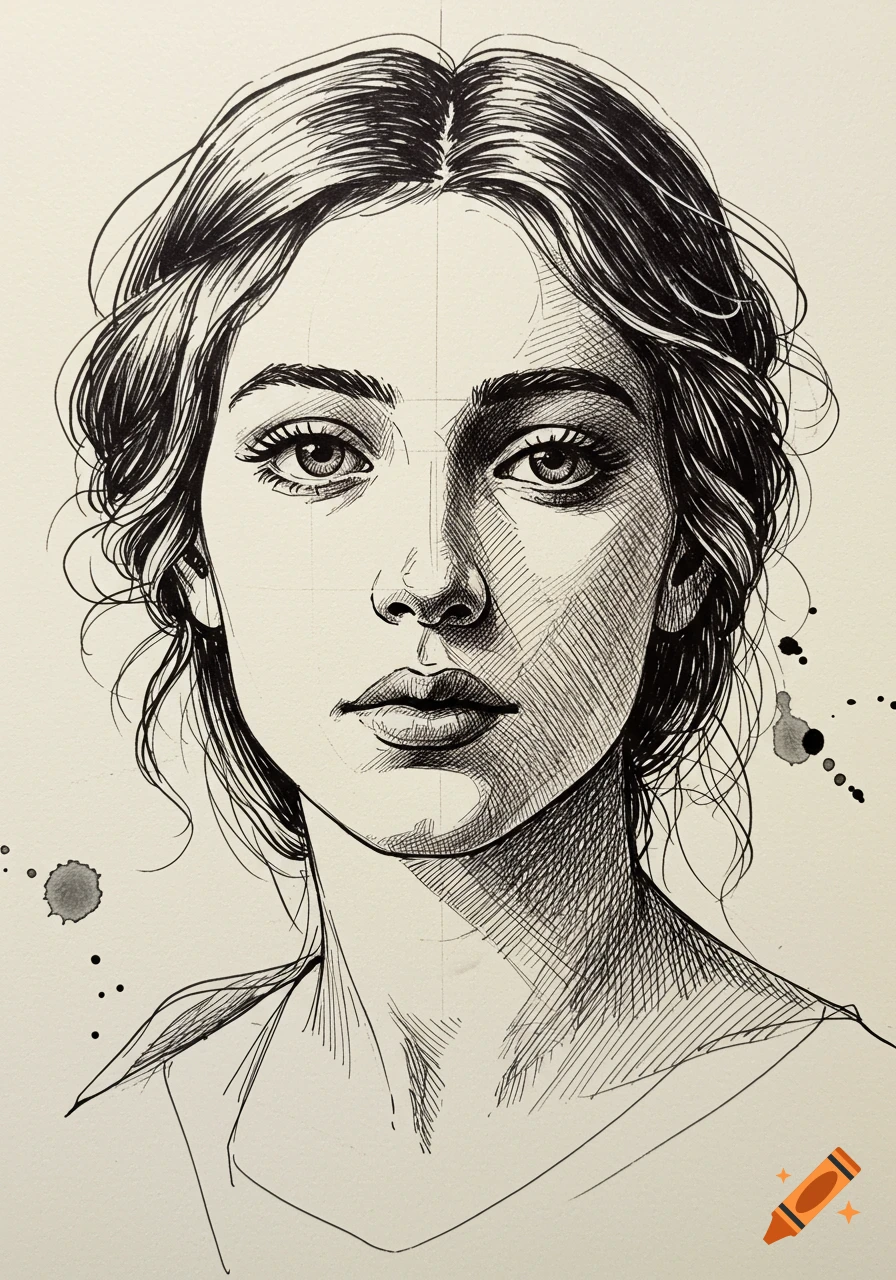 Pen and ink sketch portrait of a woman with dark wavy hair, featuring ...