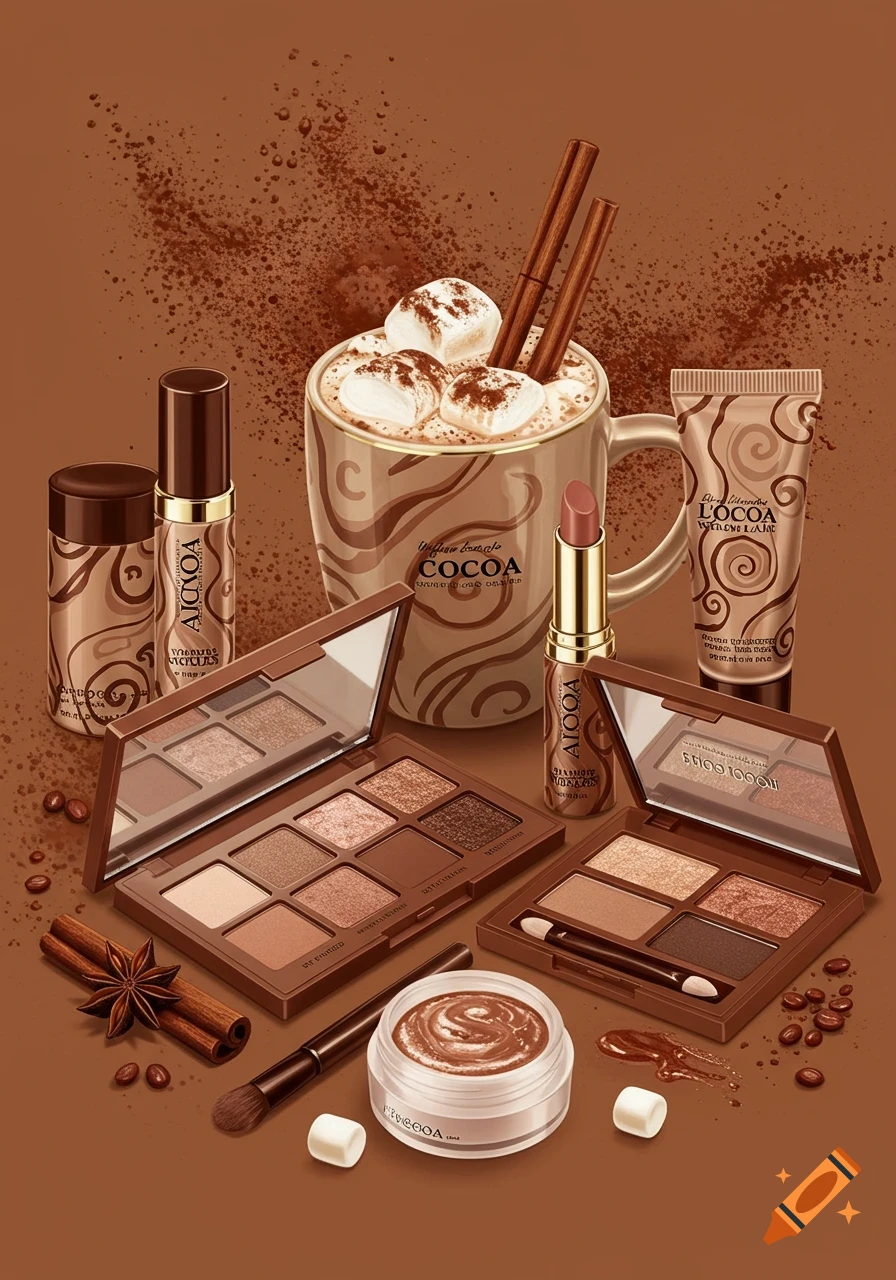 An artistic still life of brown-toned makeup products and a mug of hot cocoa with marshmallows ...