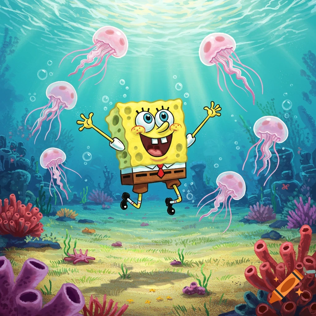 Happy Spongebob Squarepants jumps underwater, surrounded by pink ...