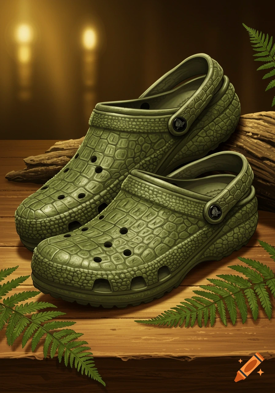 Two olive green alligator-skin textured Crocs sit on a rustic wooden ...