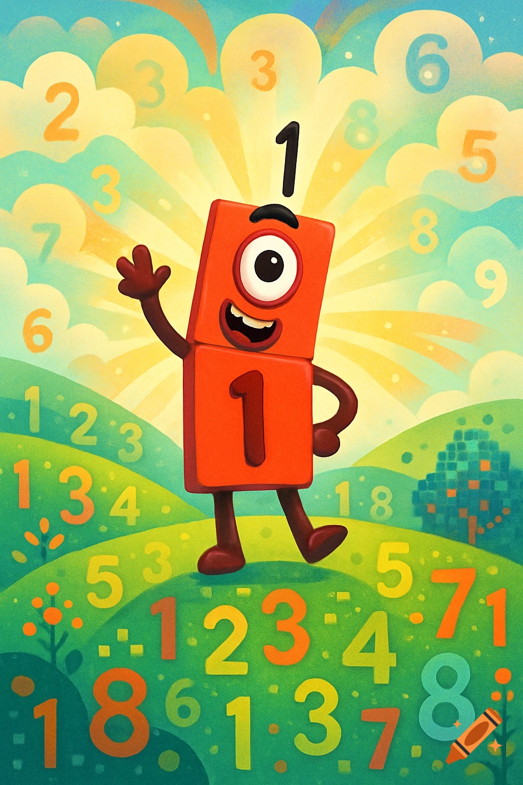 A smiling red Numberblock 1 waves in a colorful, hilly landscape filled ...