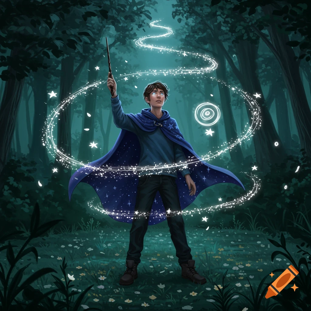 Young Harry Potter in Hogwarts robes and glasses casts a spell with a ...