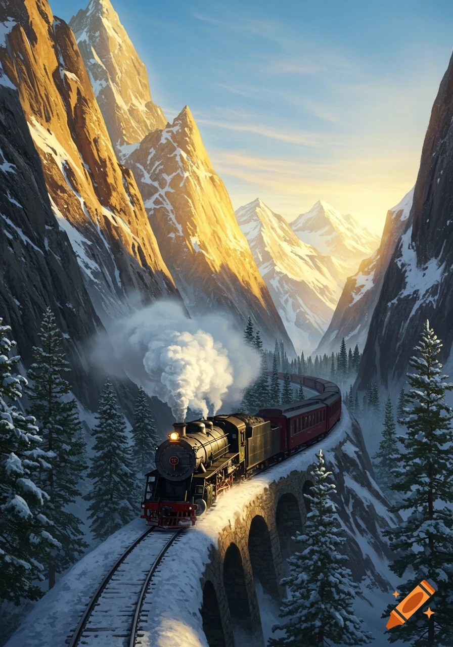 A red Canadian Pacific freight train travels through a mountain pass ...