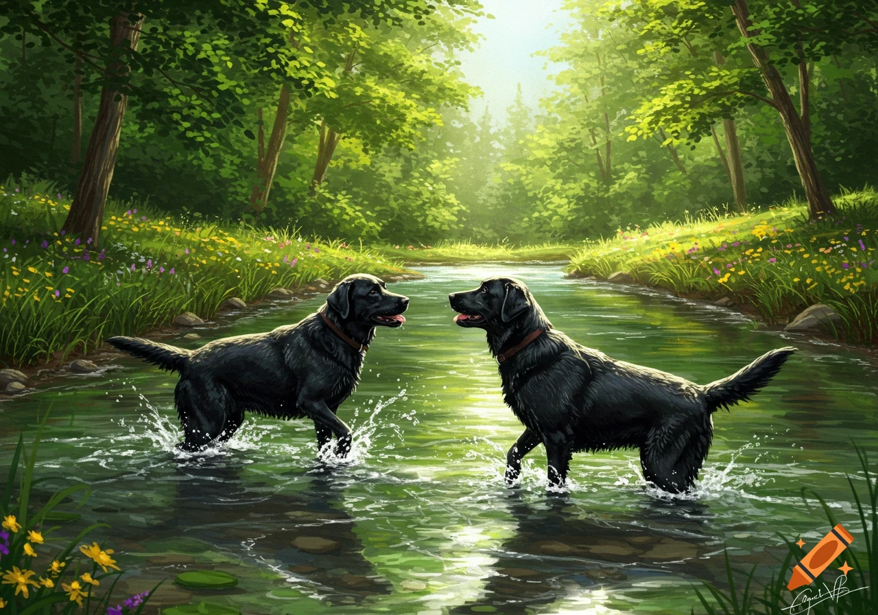 A fluffy brown and white dog and a black labrador stand in a sunny ...