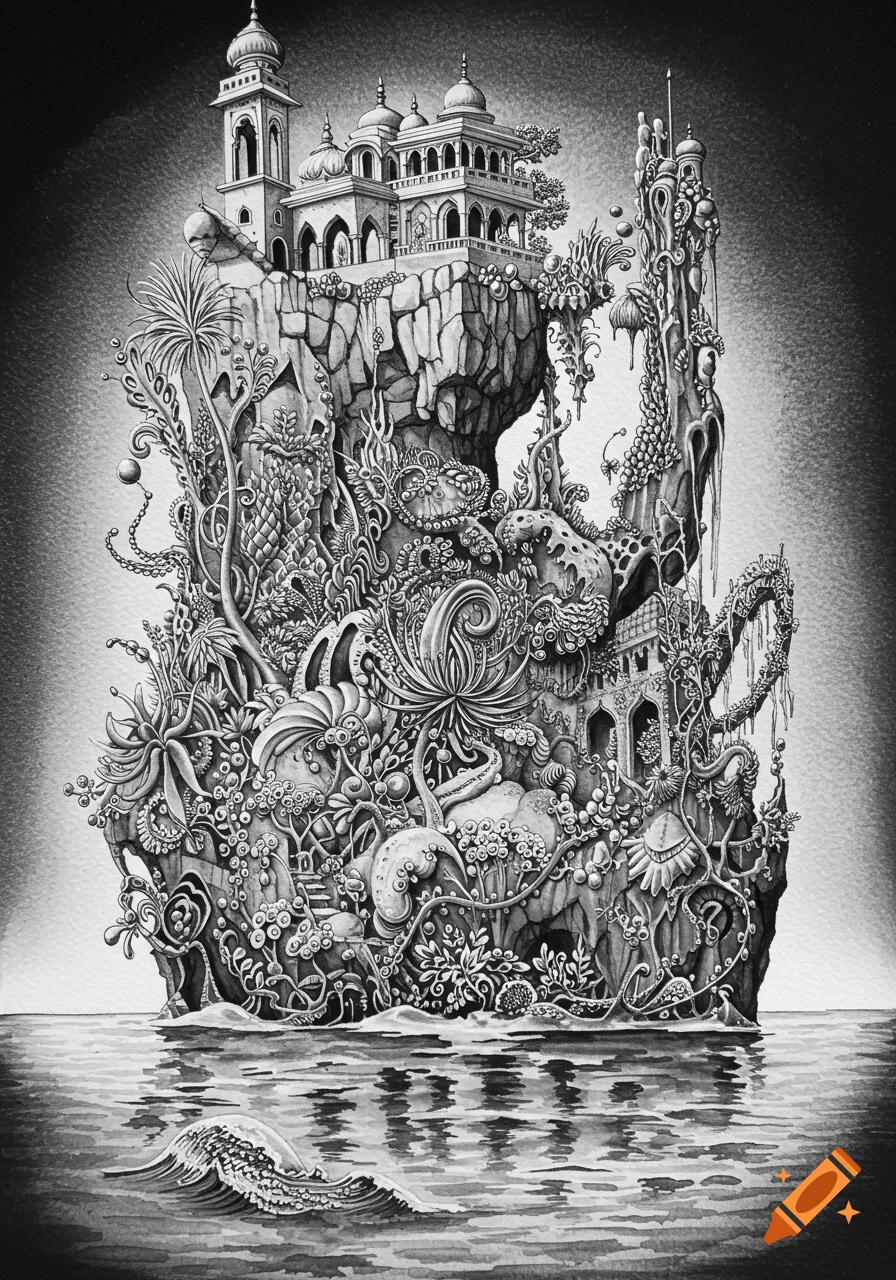 Intricate monochrome drawing of an ornate Indian-style building on a ...