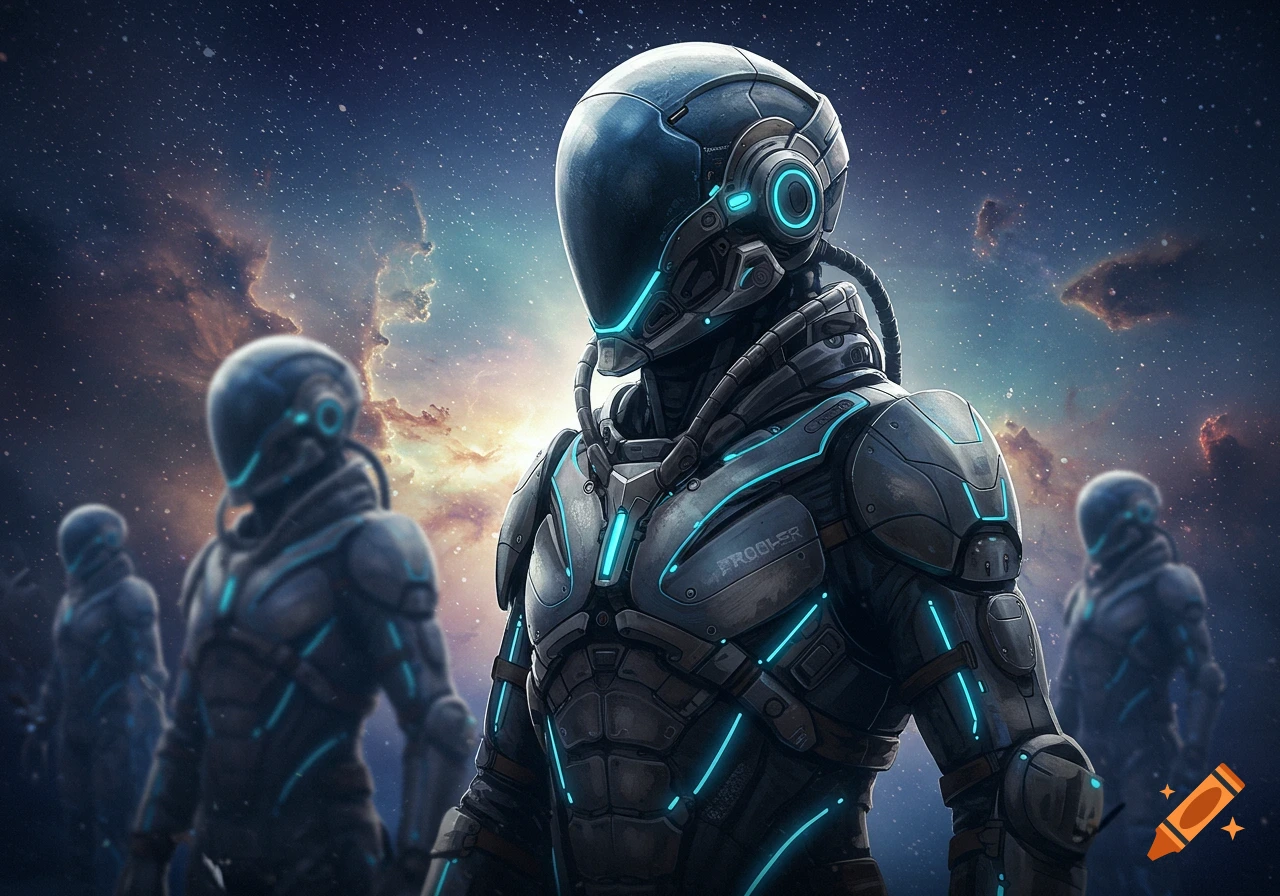Several futuristic armored figures with glowing blue accents stand in ...