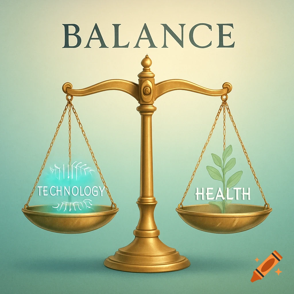 Golden balance scale with 'TECHNOLOGY' (glowing brain) on one pan and ...