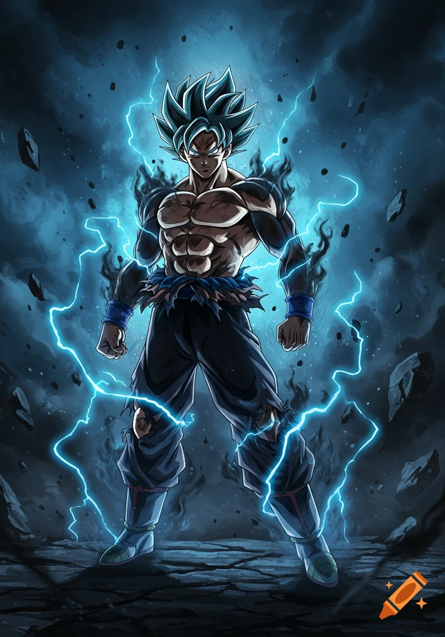 A powerful anime character, a fusion of Goku and Vegeta, glowing purple ...