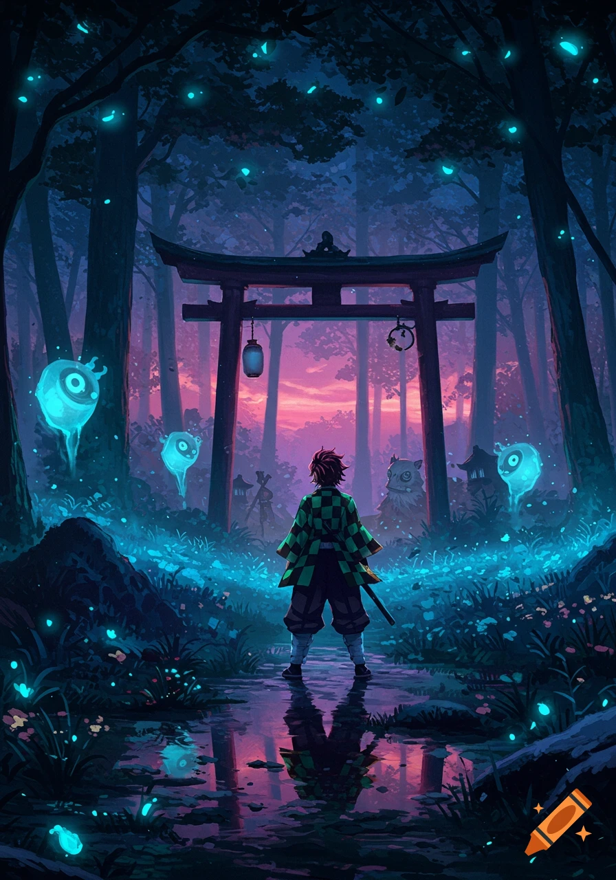 Anime art of Tanjiro from Demon Slayer standing in a glowing mystical ...