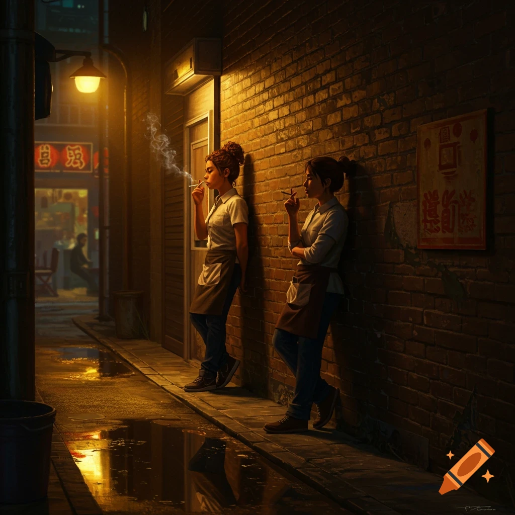 Two waitresses in aprons smoke cigarettes in a dimly lit, wet alleyway ...