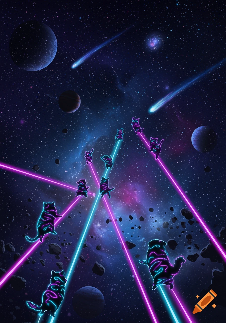 Neon-outlined cats riding pink and blue laser beams through a vibrant ...
